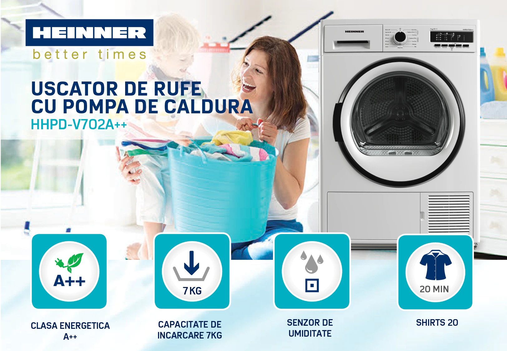 Uscator de rufe cu pompa de caldura Heinner HHPD-V702A++